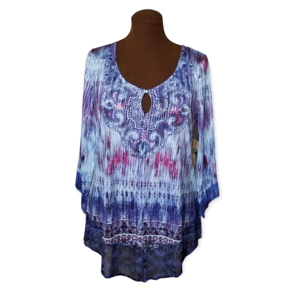 ONE WORLD | Tops | One World Blue Printed Applique Embellished 34 ...